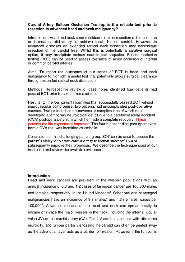 (DOC) Balloon occlusion test prior to carotid artery (internal) resection