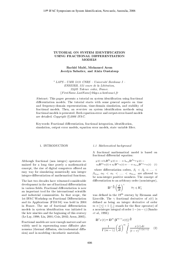 (PDF) TUTORIAL ON SYSTEM IDENTIFICATION USING FRACTIONAL DIFFERENTIATION MODELS