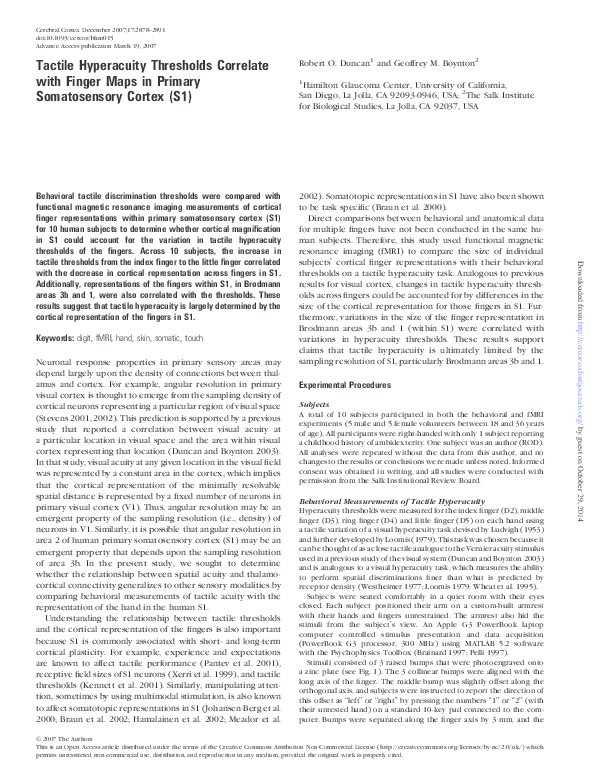 (PDF) Tactile Hyperacuity Thresholds Correlate with Finger Maps in ...