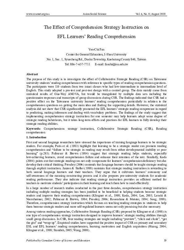 (PDF) The Effect of Comprehension Strategy Instruction on EFL Learners' Reading Comprehension