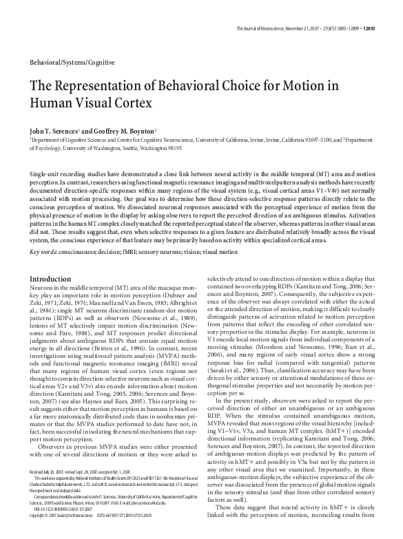 (PDF) The Representation of Behavioral Choice for Motion in Human ...