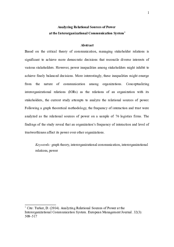(DOC) Analyzing Relational Sources of Power at the Interorganizational ...