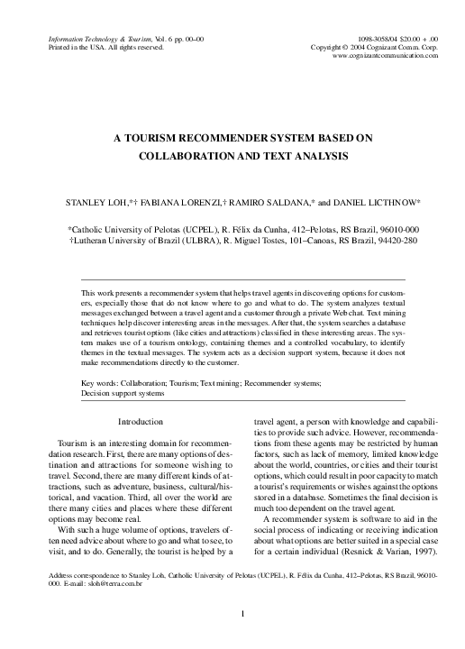 Pdf A Tourism Recommender System Based On Collaboration And Text Analysis