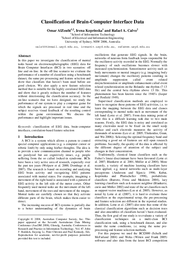 (PDF) Classification of Brain-Computer Interface Data