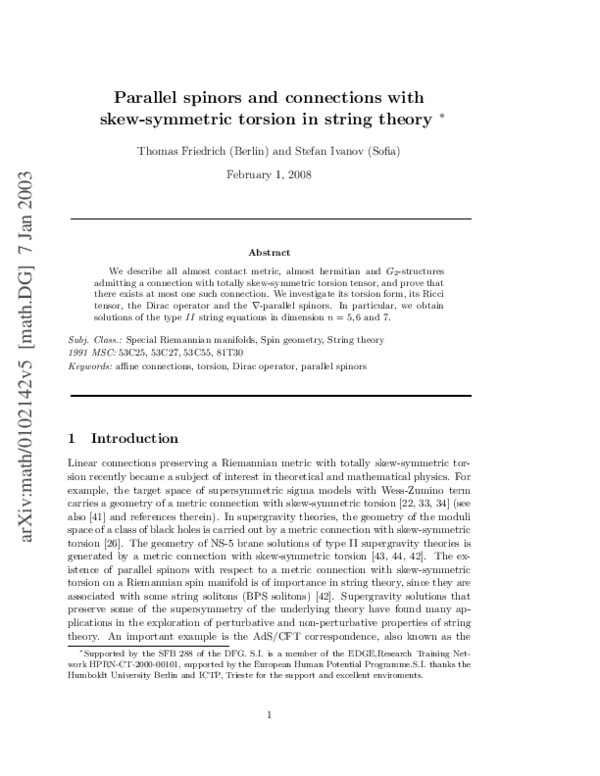 (PDF) Parallel spinors and connections with skew-symmetric torsion in ...