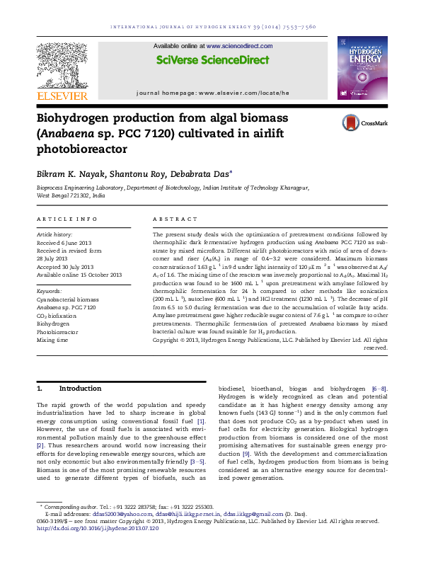 (PDF) Biohydrogen production from algal biomass (Anabaena sp. PCC 7120 ...