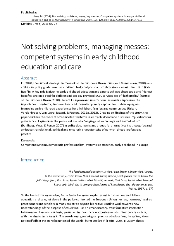 (PDF) Not solving problems, managing messes: Competent systems in early childhood education and care