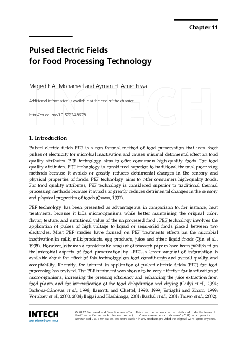 (PDF) Pulsed Electric Fields for Food Processing Technology