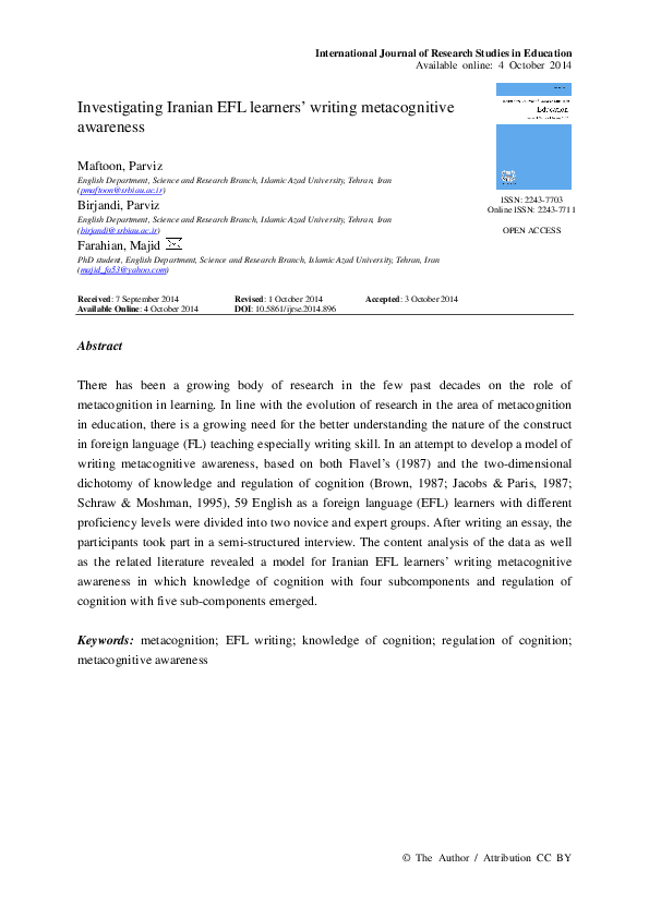 Pdf Investigating Iranian Efl Learners Writing Metacognitive Awareness Majid Farahian