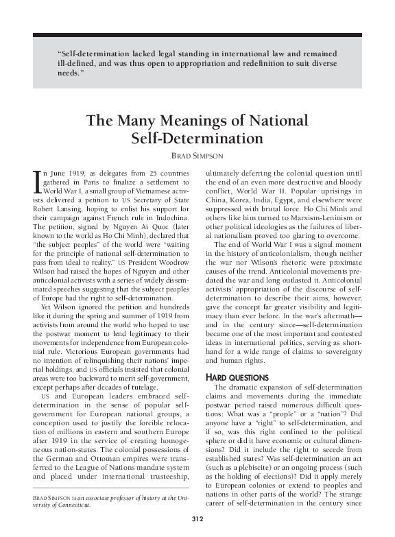 (PDF) Brad Simpson, "The Many Meanings of National Self-Determination," Current History, 113:766 ...