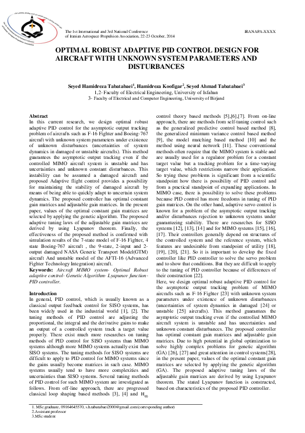 Pdf Optimal Robust Adaptive Pid Control Design For Aircraft With Unknown System Parameters And