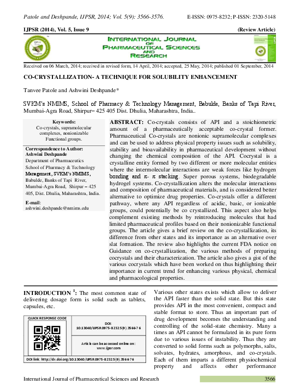 (PDF) CO-CRYSTALLIZATION-A TECHNIQUE FOR SOLUBILITY ENHANCEMENT