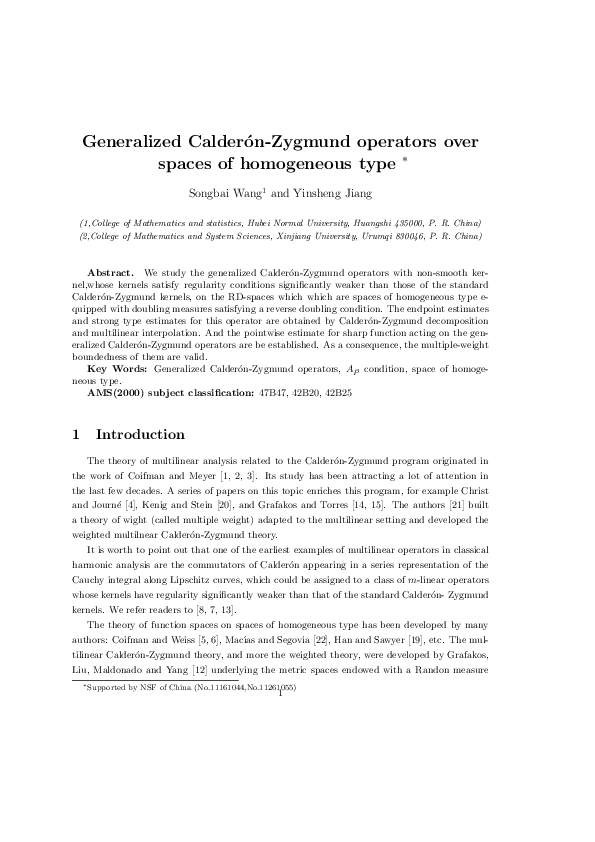 (PDF) Generalized Calderon-Zygmund operators over spaces of homogeneous type
