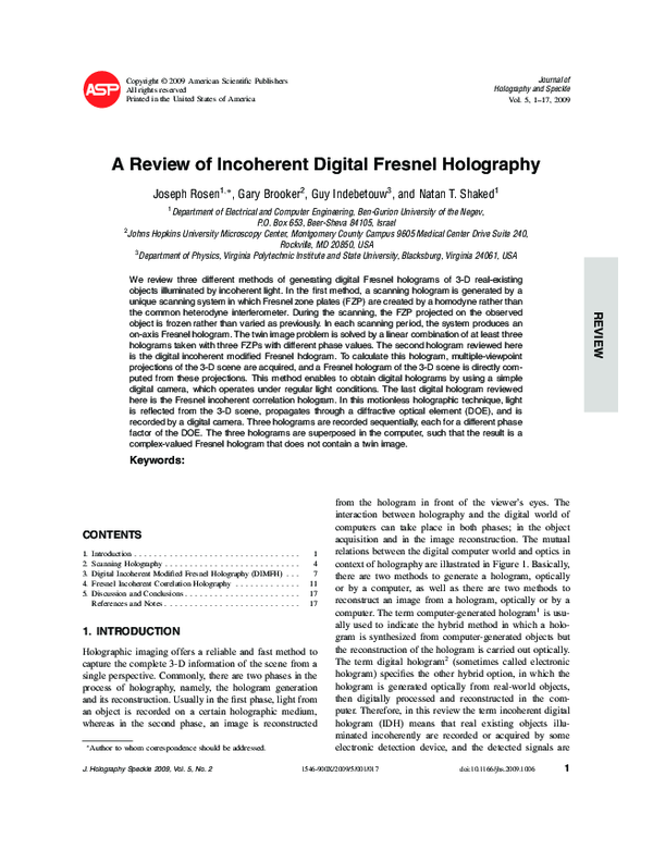 (PDF) A Review of Incoherent Digital Fresnel Holography