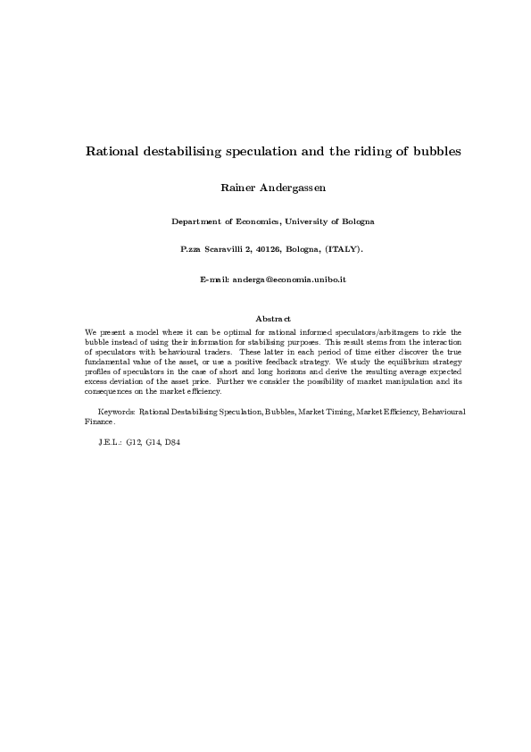 (PDF) Rational destabilising speculation and the riding of bubbles