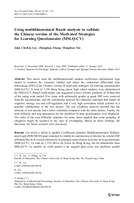 (PDF) Using multidimensional Rasch analysis to validate the Chinese Version of the Motivated ...
