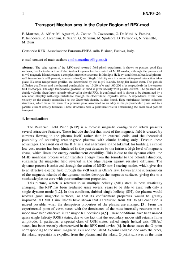 (PDF) Boundary plasma physics in RFX-mod: Radial electric field and transport topology | P ...
