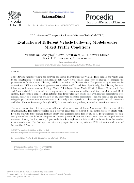 Pdf Evaluation Of Different Vehicle Following Models Under Mixed Traffic Conditions