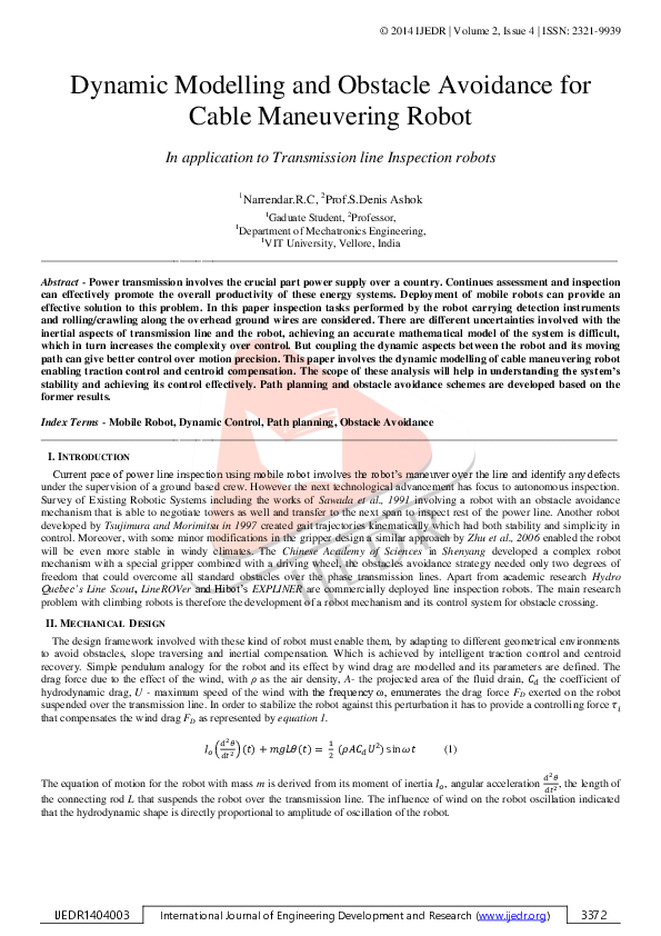 (PDF) Dynamic Modelling and Obstacle Avoidance for Cable Maneuvering Robot (PDF) Dynamic Modelling and Obstacle Avoidance for Cable Maneuvering Robot