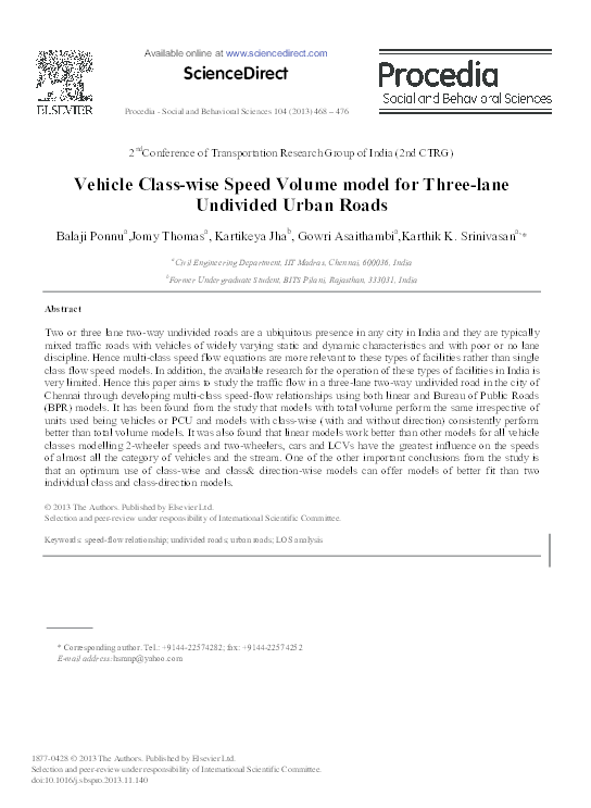 (PDF) Classwise Speed-Volume Models for Roads