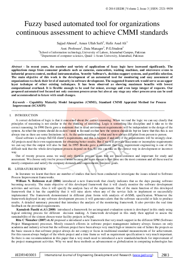(PDF) Fuzzy based automated tool for organizations continuous assessment to achieve CMMI standards