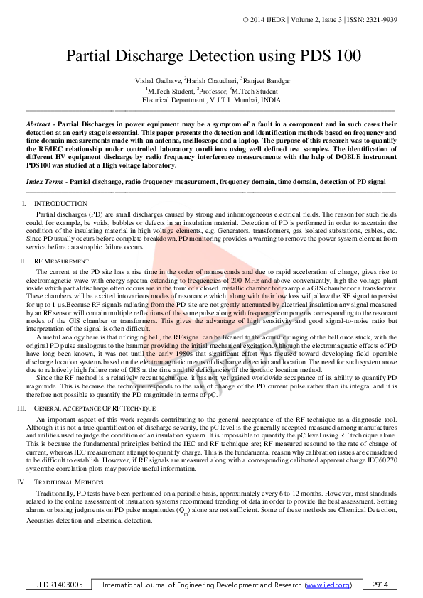 Pdf Partial Discharge Detection Using Pds 100