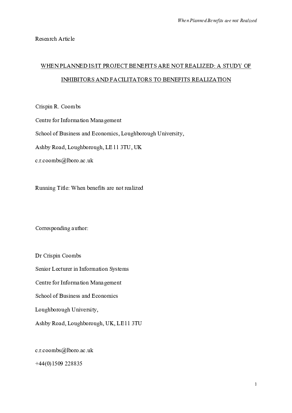 (PDF) When planned IS/IT project benefits are not realized: a study of ...