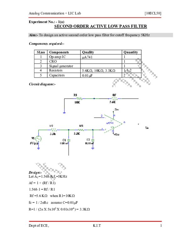 (PDF) Analog Communication + LIC Lab SECOND ORDER ACTIVE LOW PASS FILTER