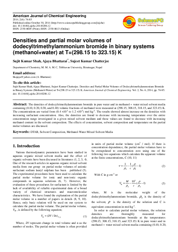 (PDF) Densities and partial molar volumes of dodecyltrimethylammonium bromide in binary systems ...