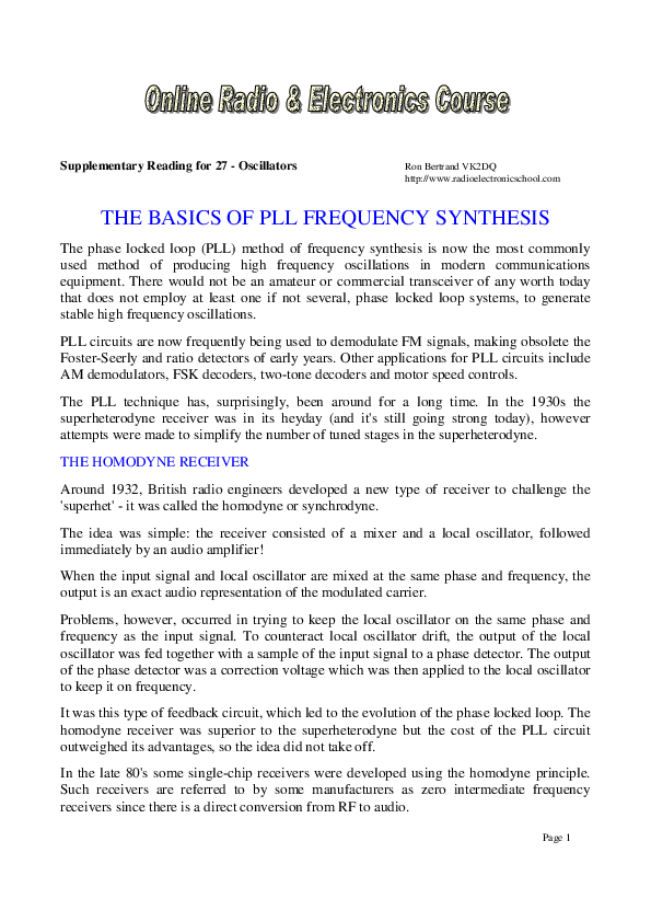 (PDF) Supplementary Reading for 27 -Oscillators THE BASICS OF PLL FREQUENCY SYNTHESIS