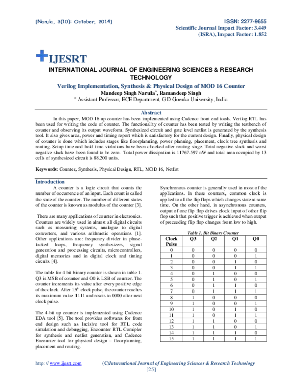 Pdf Verilog Implementation Synthesis And Physical Design Of Mod 16