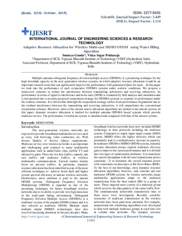 Pdf Adaptive Resource Allocation For Wireless Multi Cast Mimo Ofdm Using Water Filling 