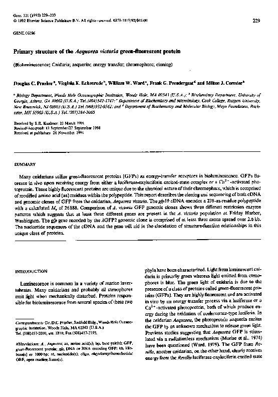 (PDF) Primary structure of the Aequorea victoria green-fluorescent protein
