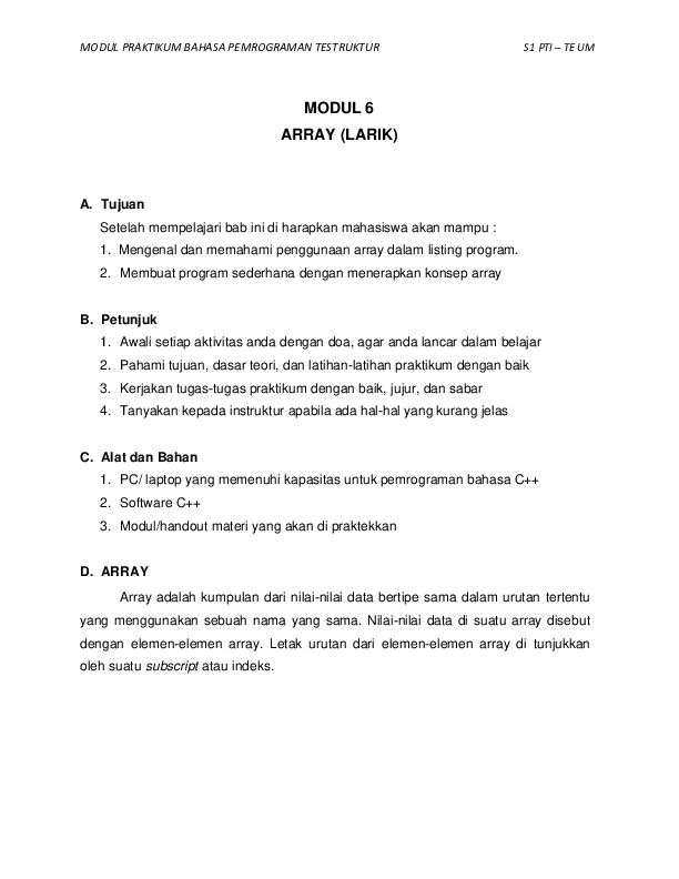 (PDF) MODUL PRAKTIKUM BAHASA PEMROGRAMAN TESTRUKTUR ARRAY (LARIK