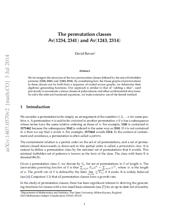 (PDF) The permutation classes Av(1234,2341) and Av(1243,2314)