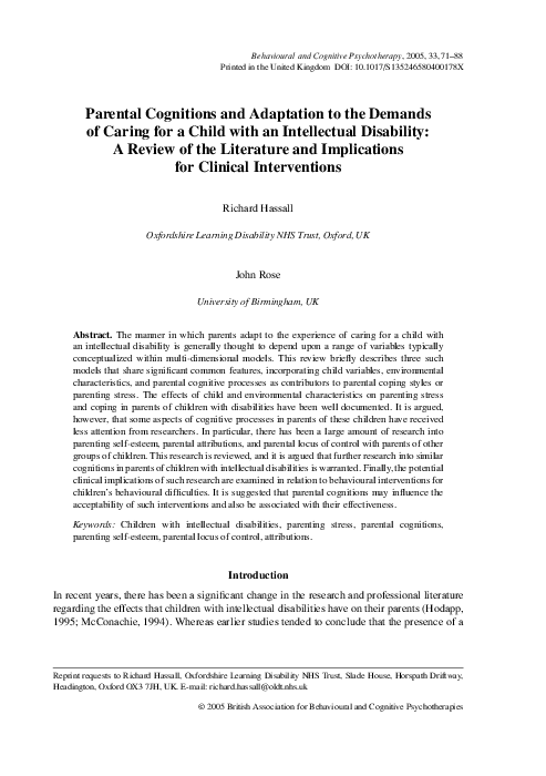 (PDF) Parental Cognitions and Adaptation to the Demands of Caring for a ...