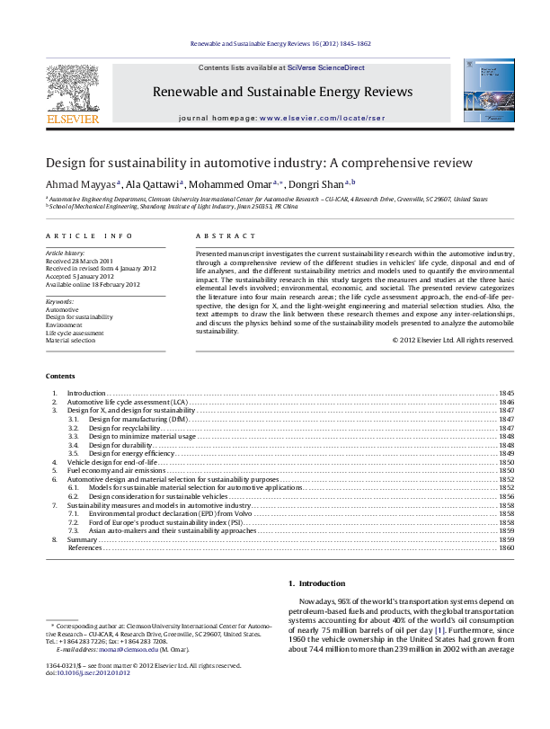 (PDF) Design for sustainability in automotive industry: A comprehensive ...
