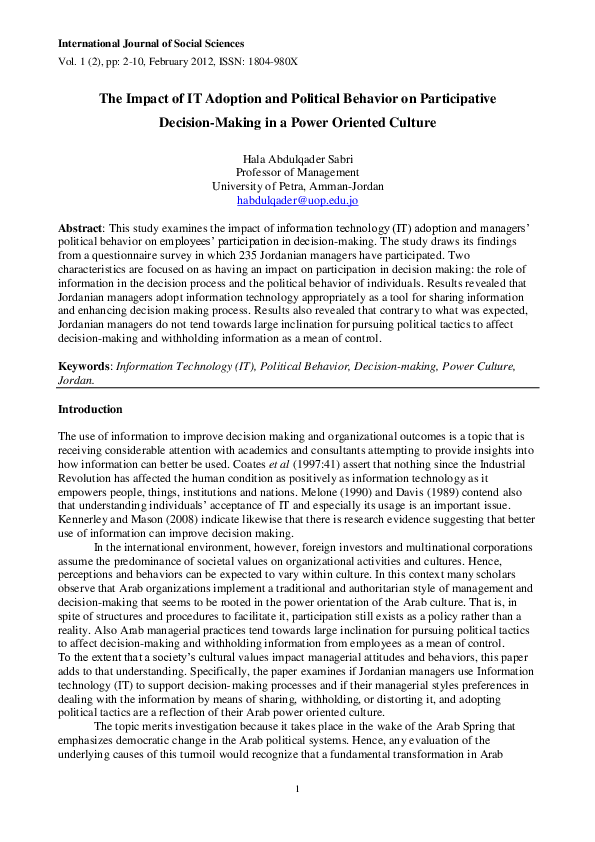 (PDF) The Impact of IT Adoption and Political Behavior on Participative Decision-Making in a ...