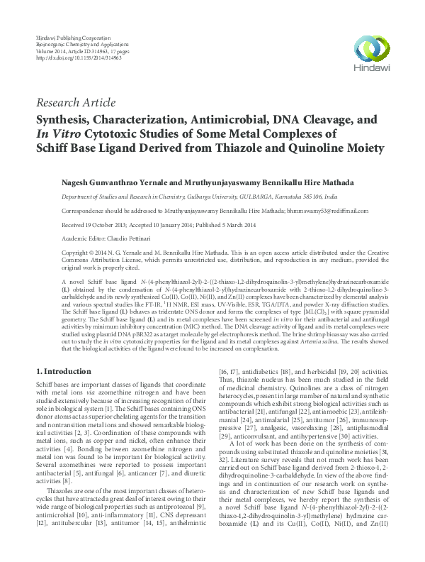 (PDF) Synthesis, Characterization, Antimicrobial, DNA Cleavage, and In Vitro Cytotoxic Studies ...