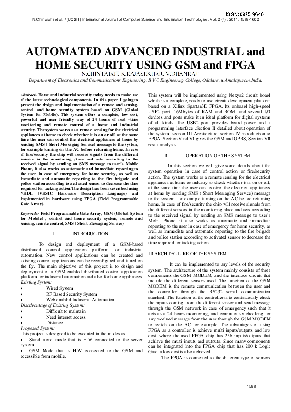 (PDF) AUTOMATED ADVANCED INDUSTRIAL and HOME SECURITY USING GSM and FPGA