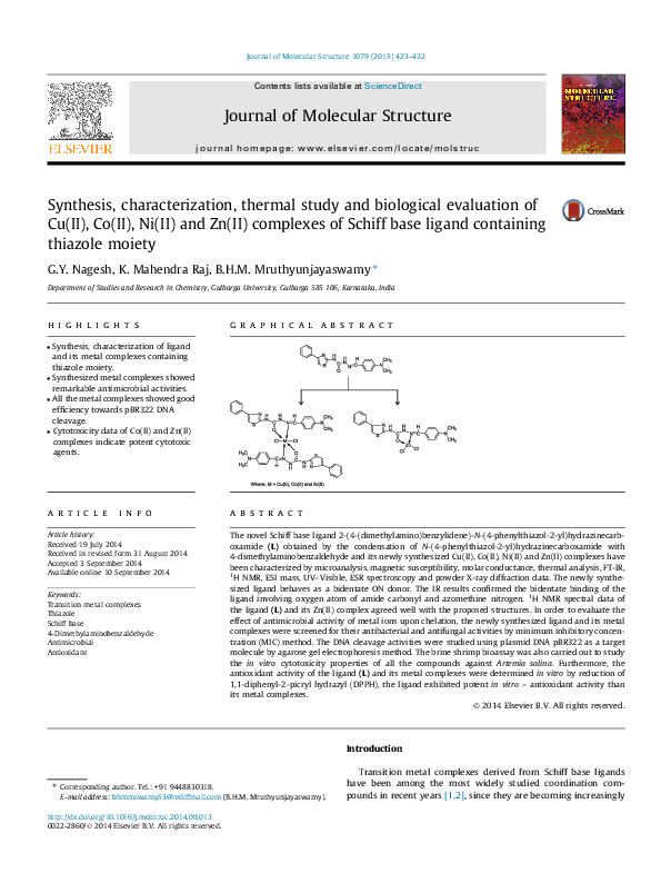 (PDF) Synthesis, characterization, thermal study and biological evaluation of Cu(II), Co(II), Ni ...