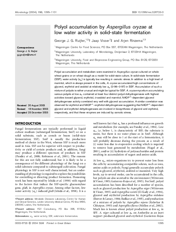 (PDF) Polyol accumulation by Aspergillus oryzae at low water activity in solid-state fermentation