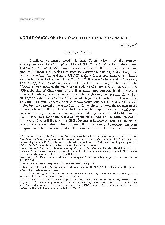 (PDF) On the Origin of the Royal Title Tabarna/Labarna