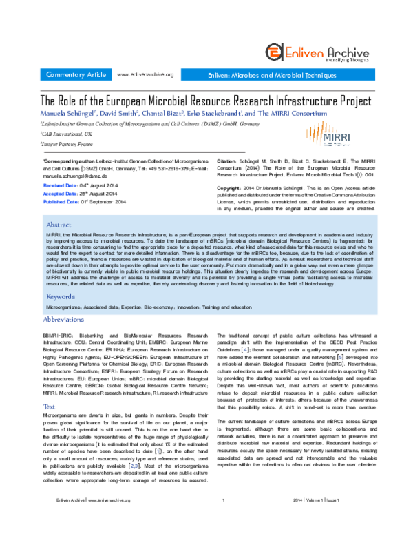 (PDF) The Role of the European Microbial Resource Research Infrastructure Project
