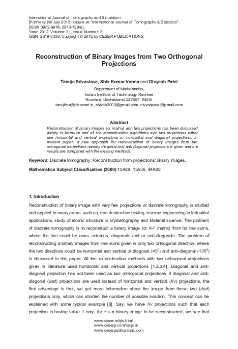 Pdf Reconstruction Of Binary Images From Two Orthogonal Projections