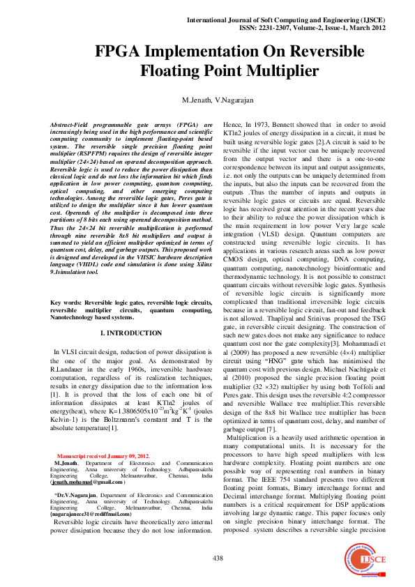(PDF) fpga design of reversible floationg point multipler