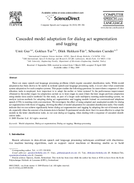 Pdf Cascaded Model Adaptation For Dialog Act Segmentation And Tagging 4576