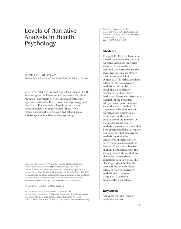 (PDF) Levels of narrative analysis in health psychology (2000)