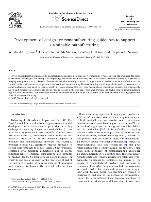 (PDF) Development of design for remanufacturing guidelines to support ...