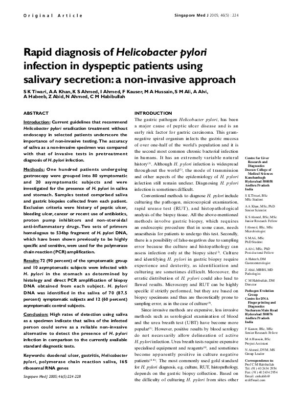 (PDF) Rapid diagnosis of Helicobacter pylori infection in dyspeptic ...
